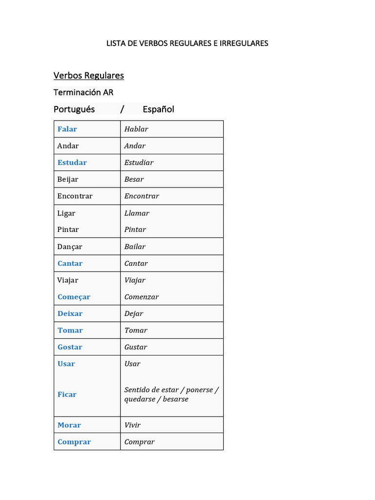 Verbos Regulares e Irregulares | PDF
