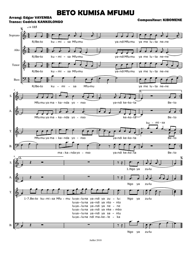 Beto Kumisa Mfumu Kibomene Arr - Vayemba | PDF