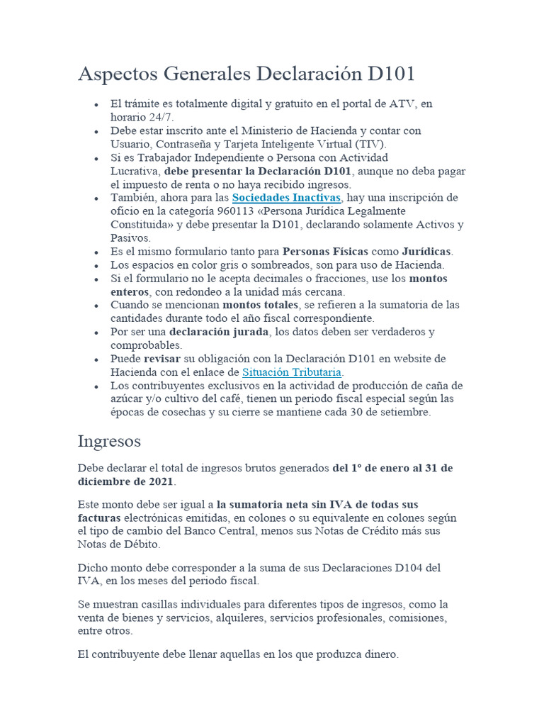 Aspectos Generales Declaración D101 | PDF | Impuesto sobre la renta ...
