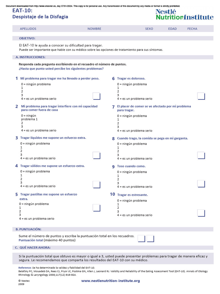 Evaluación de Disfagia con EAT-10 | PDF | Medicina CLINICA ...