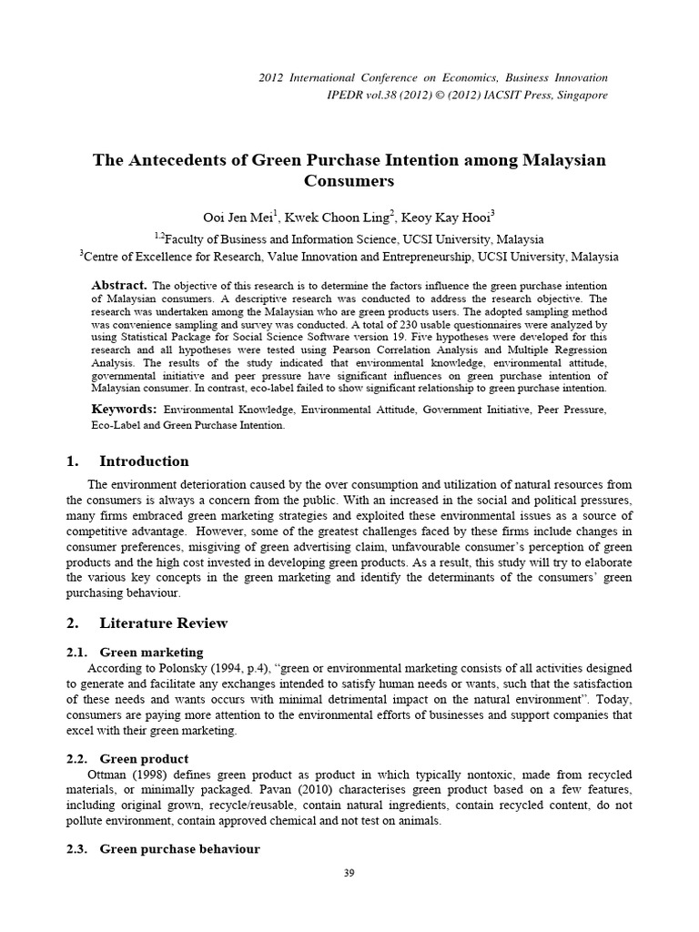 The Antecedents of Green Purchase Intention among Malaysian Consumers | PDF | Behavior ...