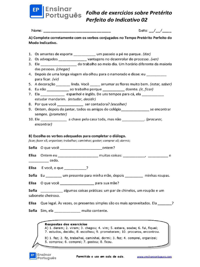 Folha de Exercícios Sobre Pretérito Perfeito Do Indicativo 02 - 01 | PDF