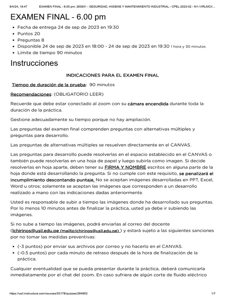 Examen Final - Seguridad, Higiene y Mantenimiento Industrial - Cpel 2023-02 - M1 | PDF