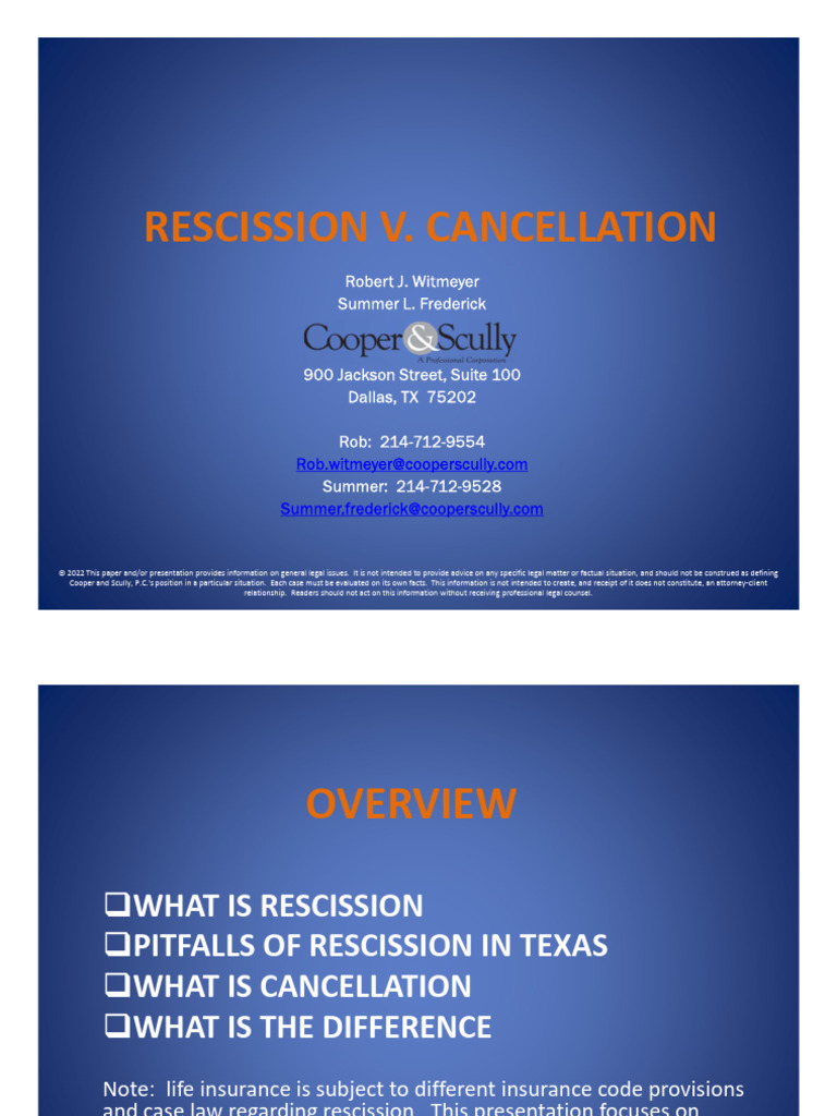 Rescission vs. Cancellation in Texas Insurance | PDF | Misrepresentation | Insurance