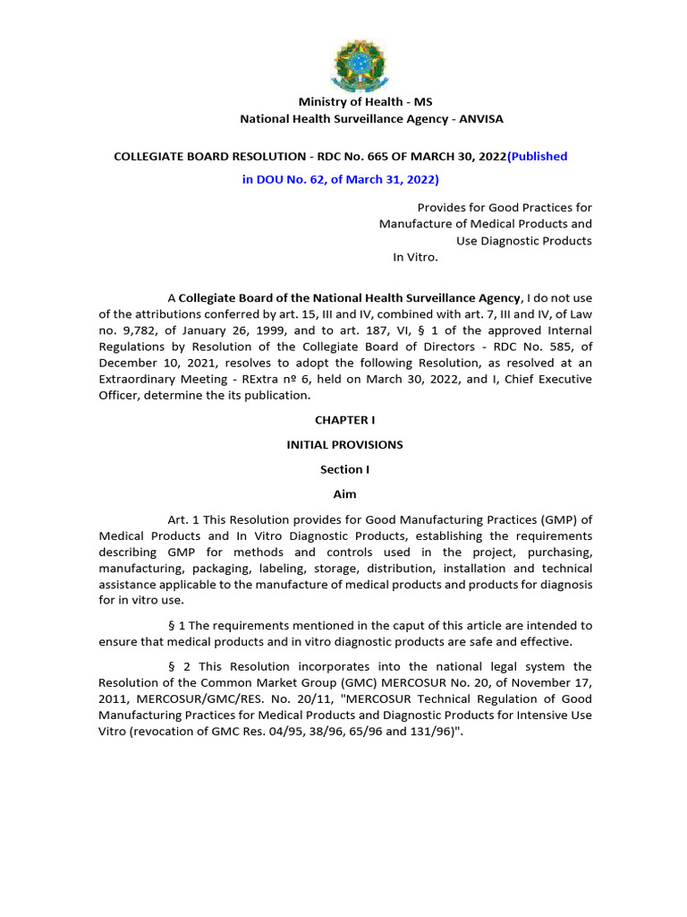 ANVISA RESOLUTION - RDC No. 665, OF MARCH 30, 2022 | PDF | Calibration ...