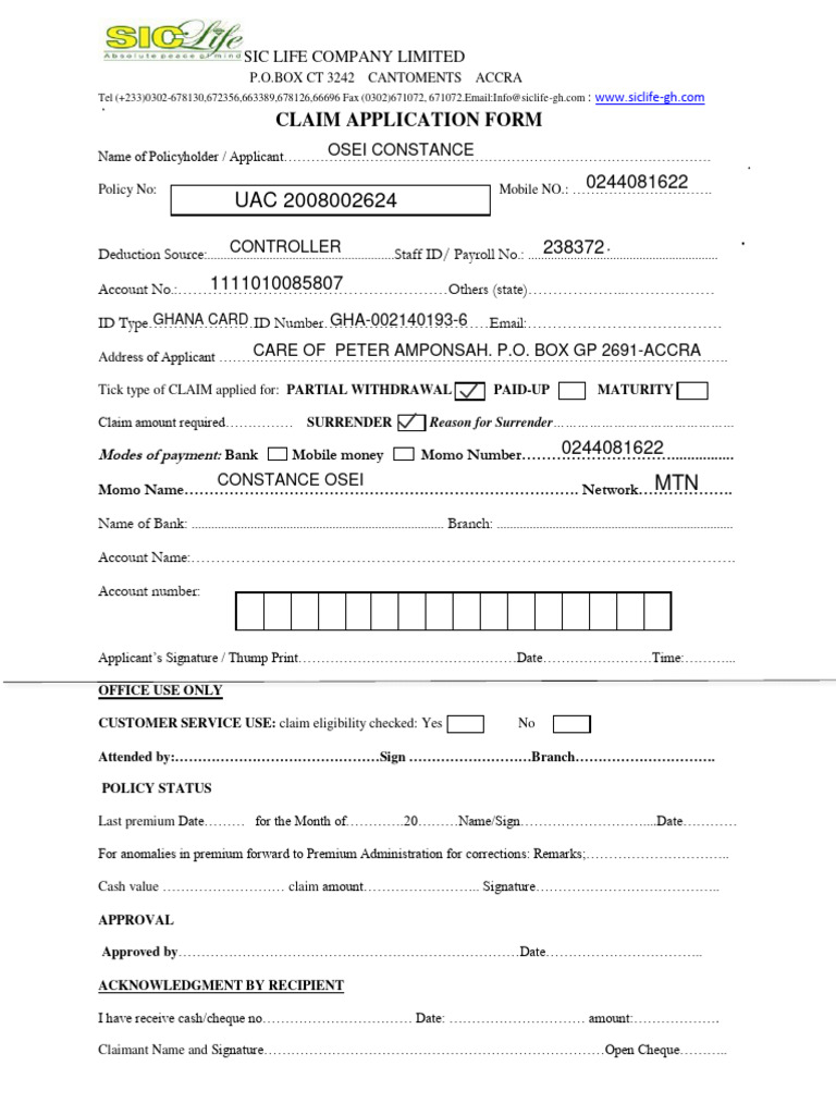 SIC Life Partial Withdrawal Claim Form | PDF | Cheque | Money