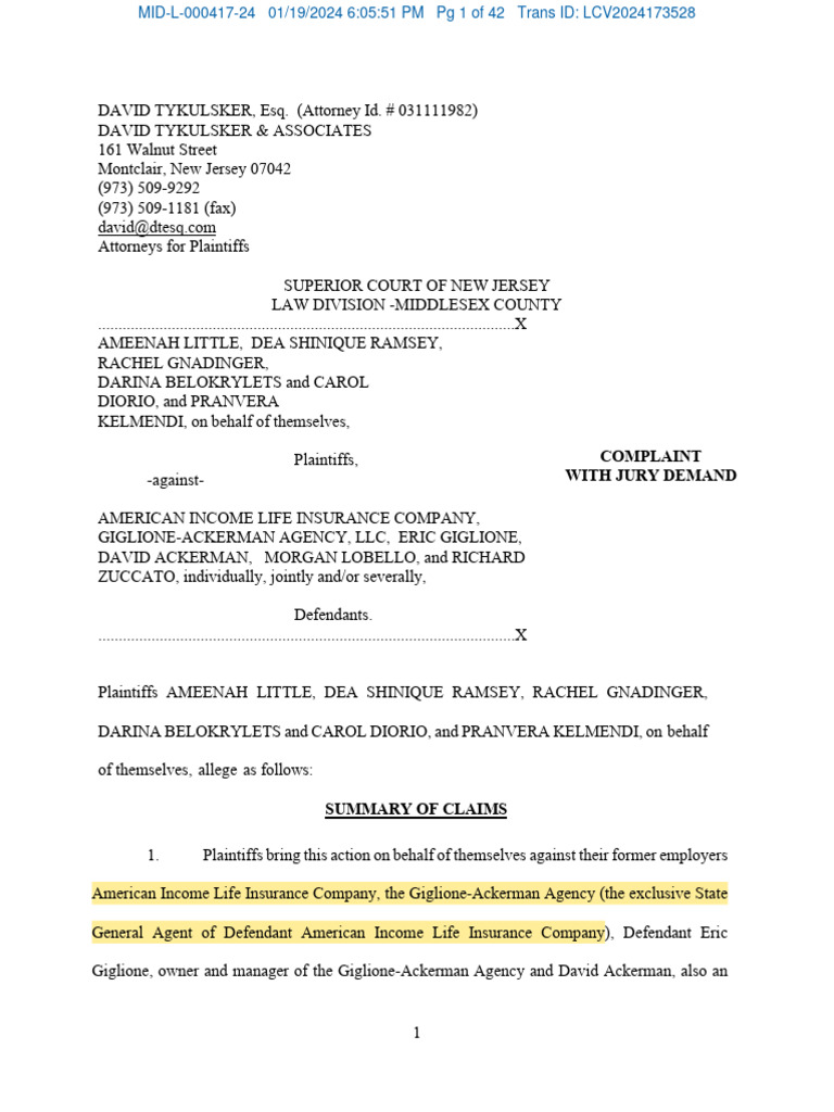 Little v. AIL - Case No MID-L-000417-24 - Jan 2024 | PDF