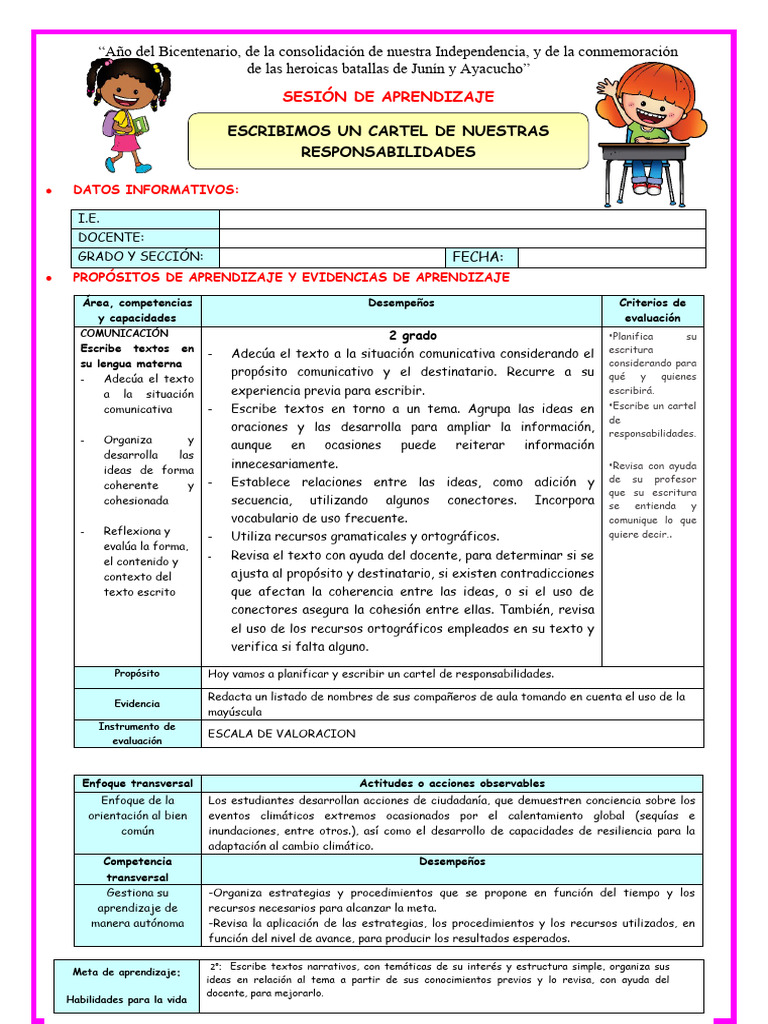 2º u1 s4 Sesion d3 Com Escribimos Cartel de Responsabilidades | PDF | Aprendizaje | Evaluación