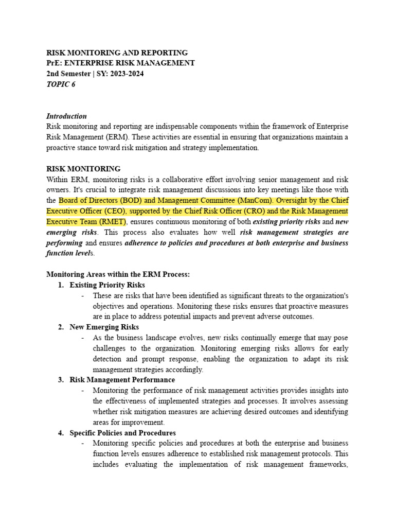 BSA 3 1 - Group 4 - Risk Monitoring and Reporting | PDF | Risk ...