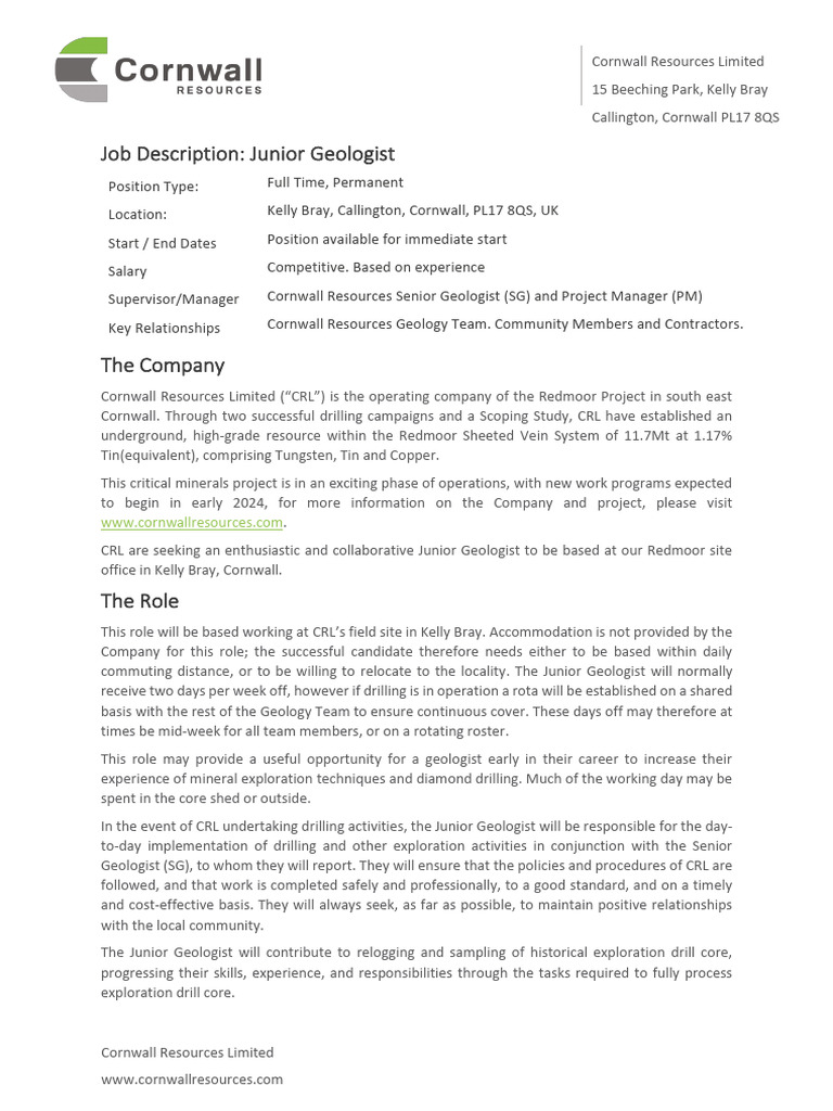 CRL - Junior Geologist - Position Description | PDF | Geology ...