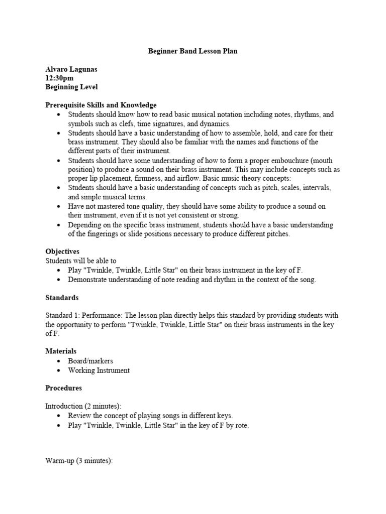 Beginning Brass Band Lesson Plan | PDF | Brass Instruments | Music Theory