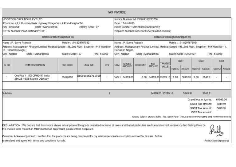Oneplus Bill | Download Free PDF | Invoice | Taxes