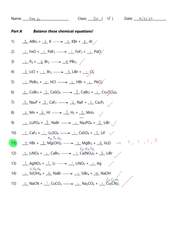 13.3A Balancing Chemical Equations | PDF
