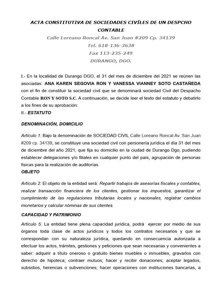 Acta Constitutiva Asociaciones Civiles | Descargar gratis PDF | Regulación | Herencia
