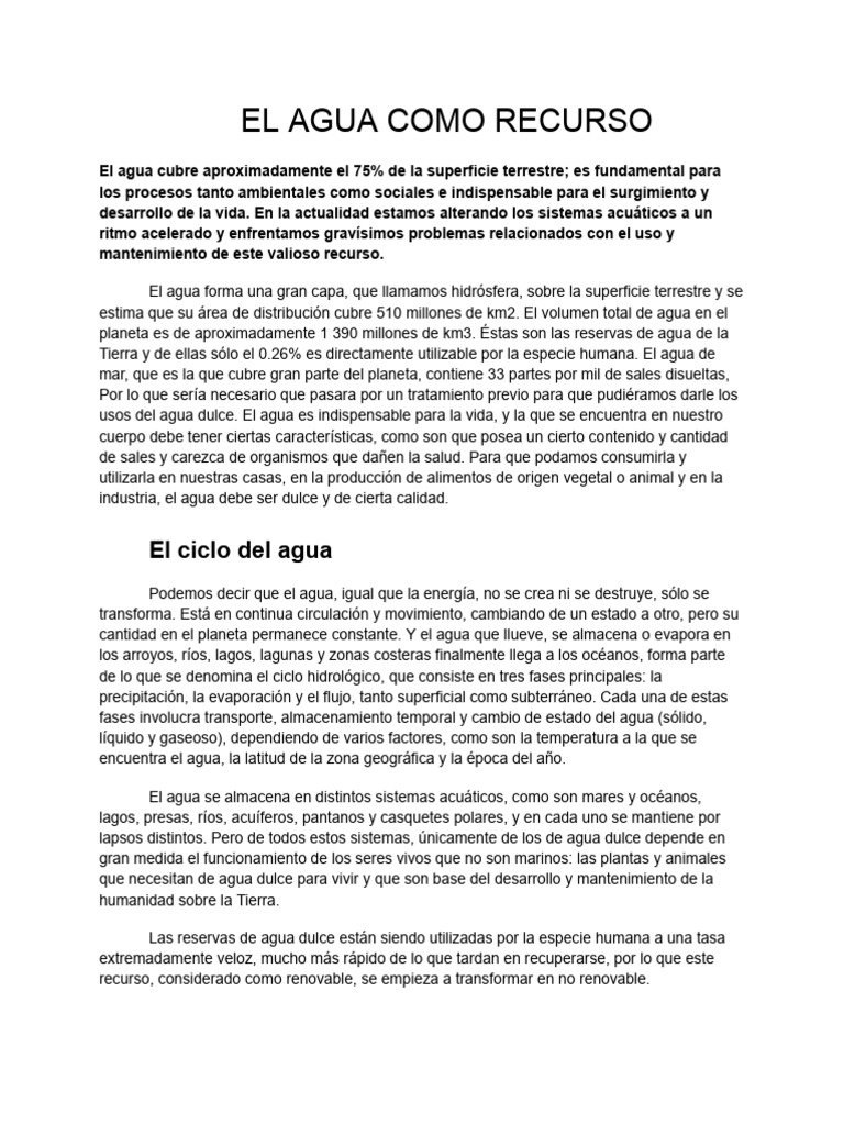 El Agua Como Recurso | PDF | Agua | Agua dulce