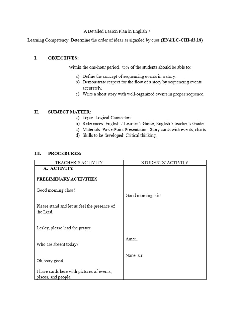 A Detailed Lesson Plan in English 7 | PDF | Lesson Plan | Cognitive Science