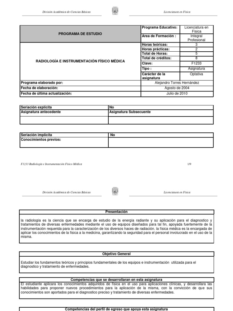 Programa Radiologia Instrumentacon-Fisica-Medica | PDF | Desintegración radioactiva | Rayo X