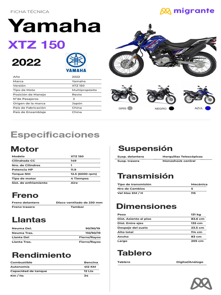 Ficha T Cnica Yamaha XTZ 150 Migrante | PDF | Motocicleta | Carros deportivos