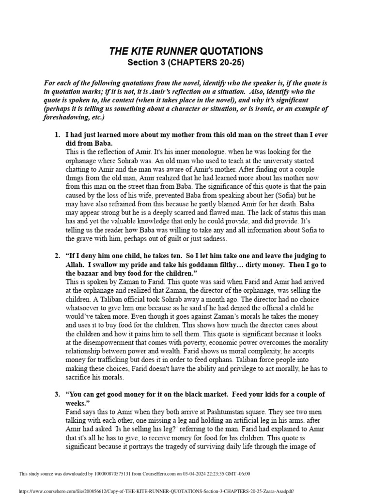 THE KITE RUNNER QUOTATIONS Section 3 CHAPTERS 20 25 Zaara Asad PDF | PDF