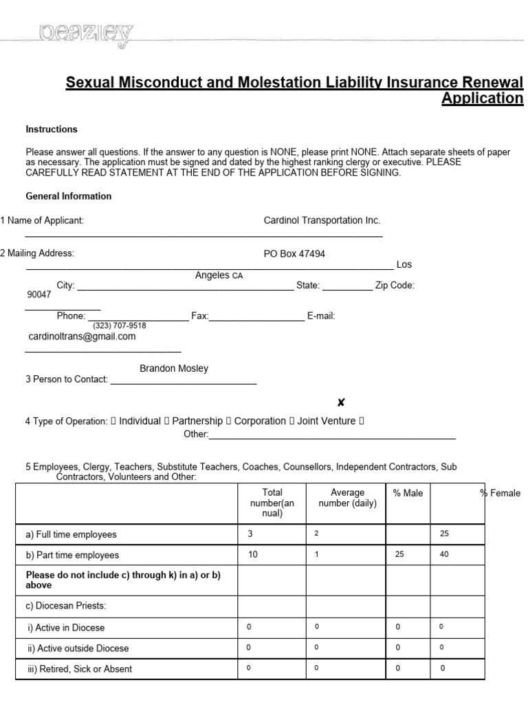Beazley Sexual Misconduct and Molestation Liability Renewal | PDF ...