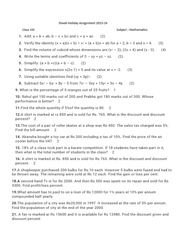 Class 8 Diwali Maths Assignment 2023-24 | PDF | Percentage | Payments