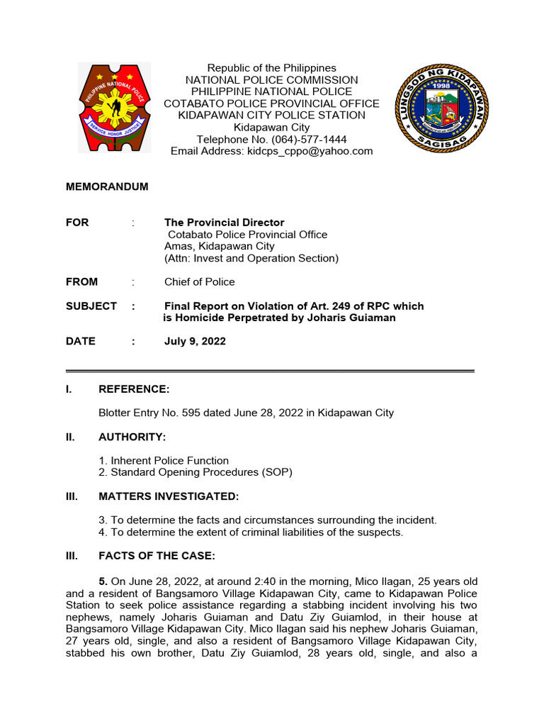 Homicide Report: Joharis Guiaman Case | PDF | Police | Criminal Justice