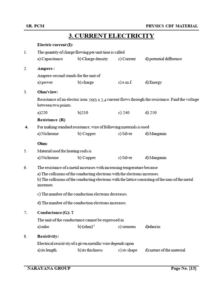 Physics - 3. Current Electricity | PDF | Electrical Resistivity And Conductivity | Electrical ...