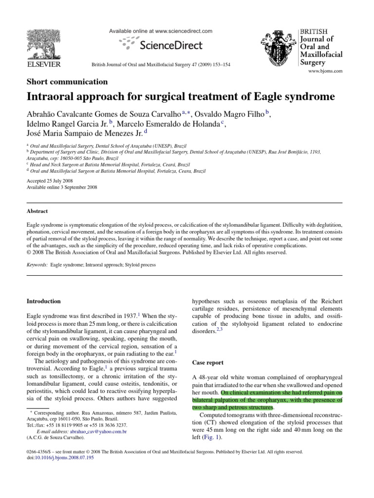 Intraoral Approach For Surgical Treatment of Eagle Syndrome | PDF ...