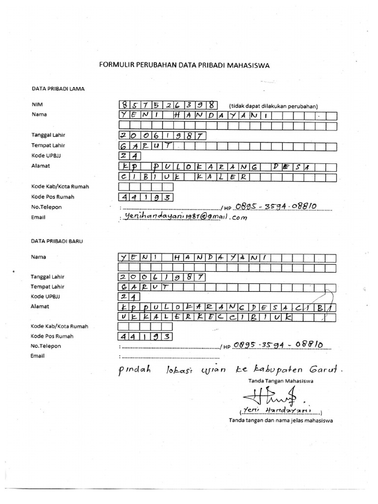 Formulir Perubahan Data Pribadi Mahasiswa Ut 20052021 | PDF