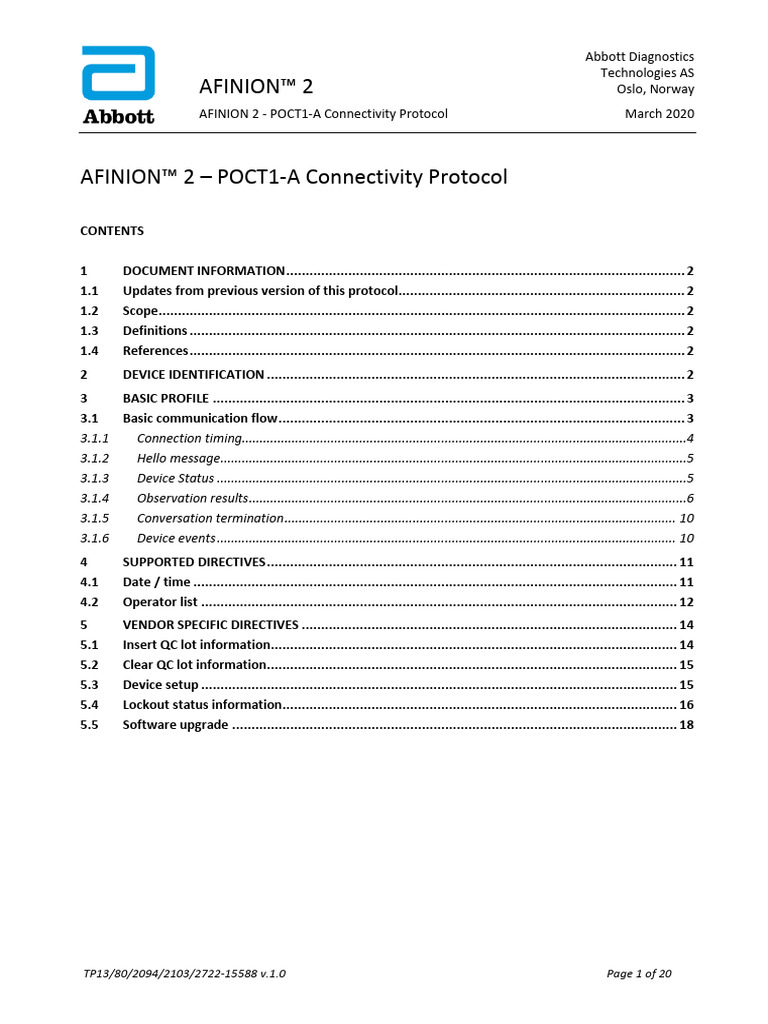 v03 Afinion 2 - POCT1A Connectiviy Protocol | PDF | Byte | Computer ...