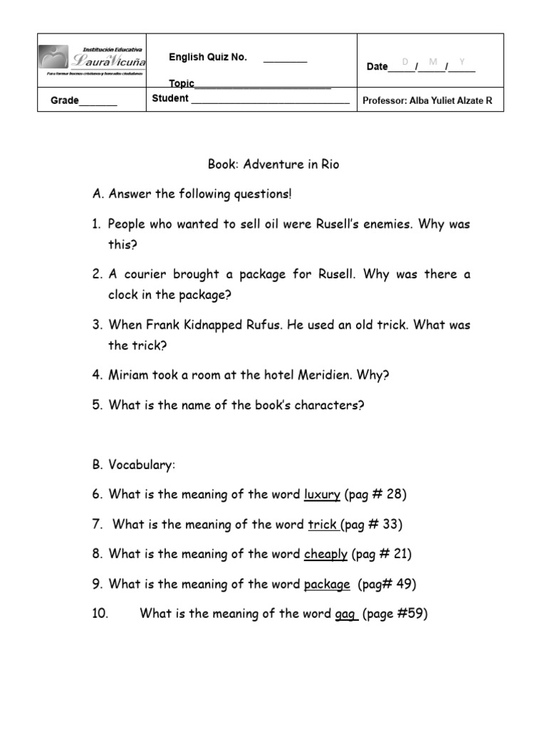English Quiz on "Adventure in Rio" | PDF | Foreign Language Studies | Art