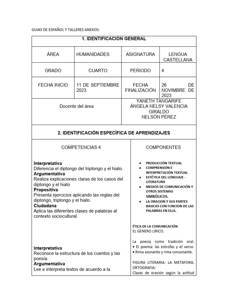 Guía de Talleres de Lengua Castellana 4º | PDF | Evaluación | Poesía