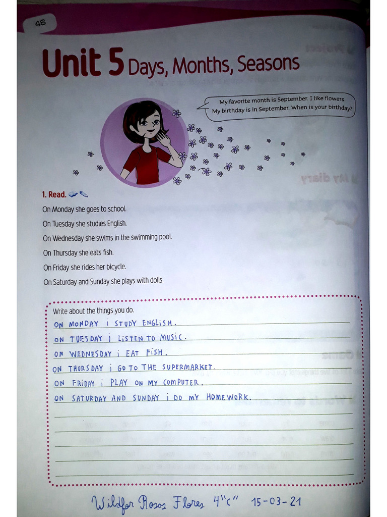 Unit 5 - Days, Months, Seasons - English - Wildfor Rosas Flores 4to C | PDF
