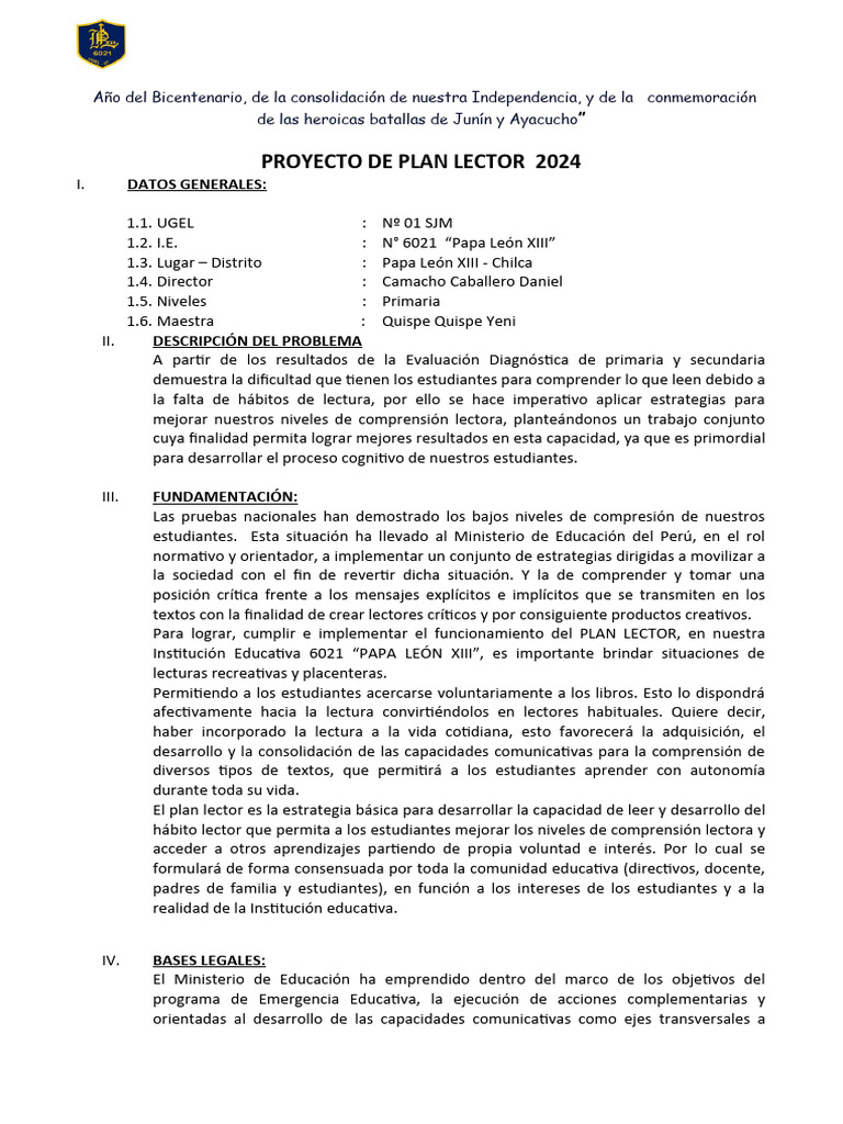 Proyecto Plan Lector 2024 Primaria | PDF | Educación primaria | Maestros