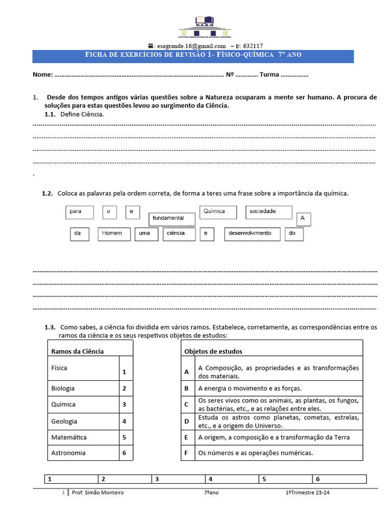 1 Ficha de Exercicios 7º Ano 2023-24 | PDF | Science | Natureza