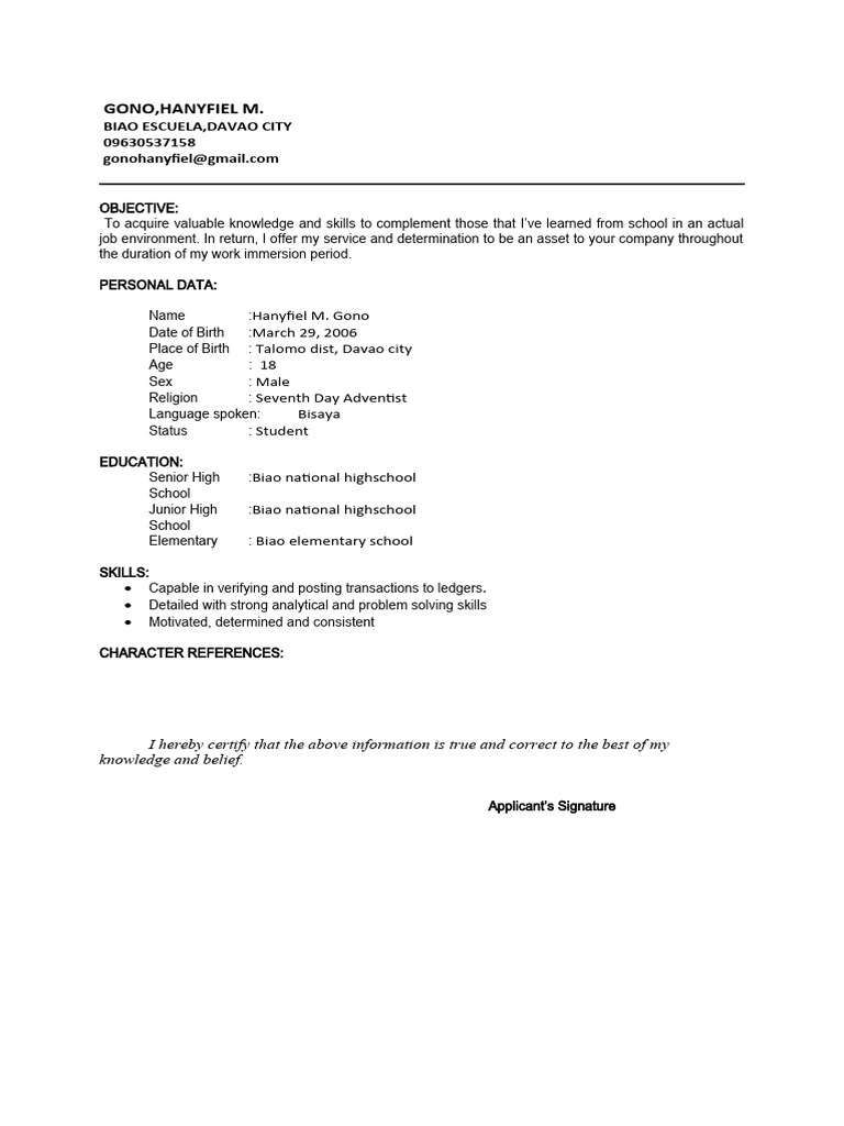 432679820-Work-Immersion-Resume-Sample | PDF