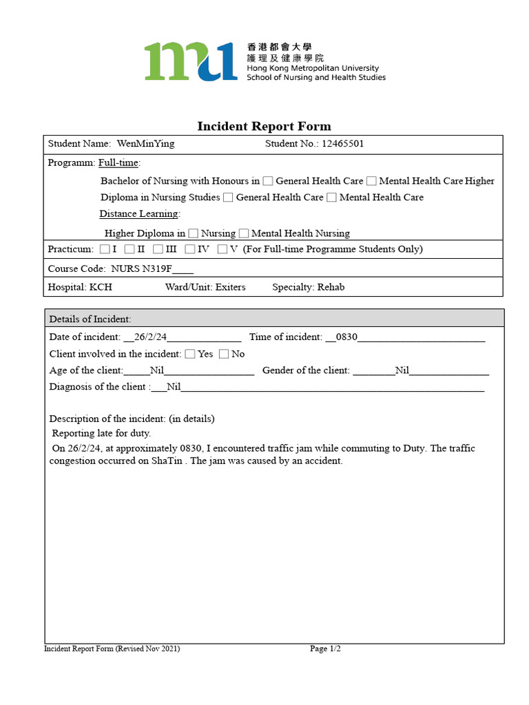 Incident Report Form | PDF | Nursing | Mental Health Professional