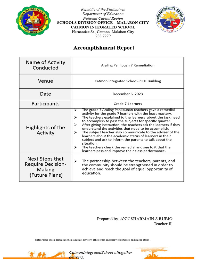 Accomplsihment-Report-on-Remedial AP7 | PDF | Teachers | Learning