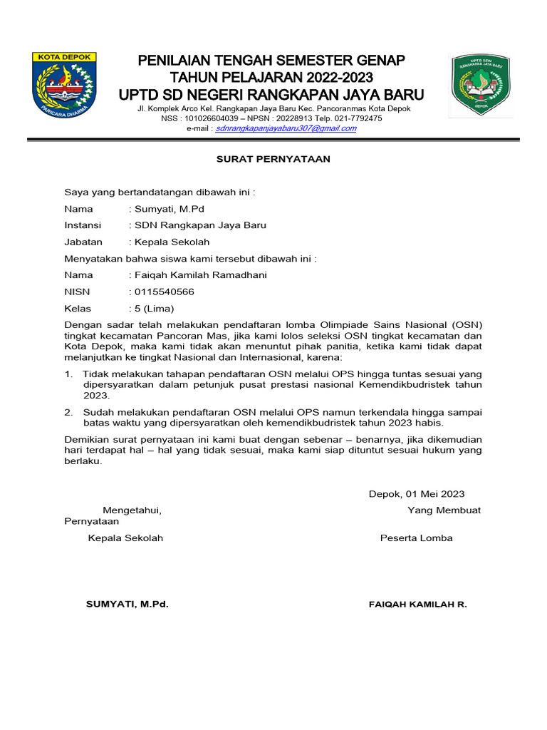 Surat Pernyataan Lomba OSN | PDF