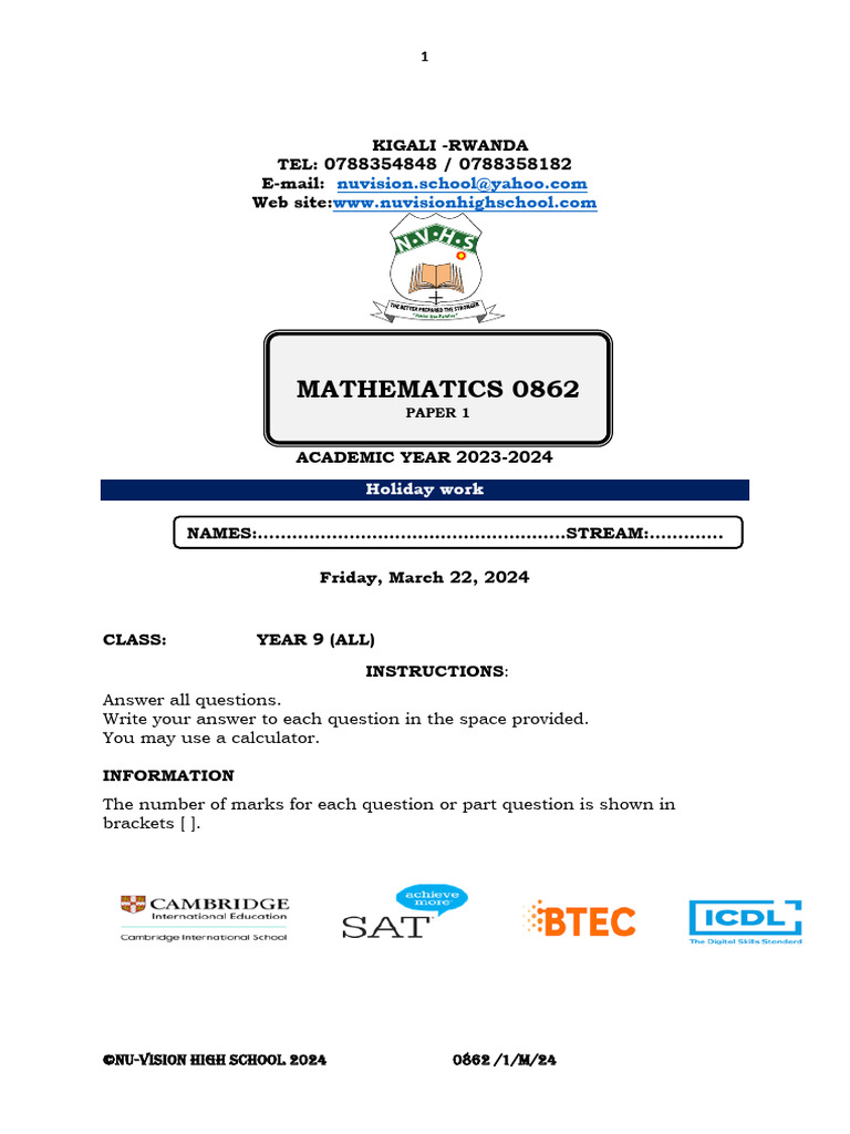 Holiday Package Paper 1 Y9 Term 2 | PDF | Euclid | Geometry