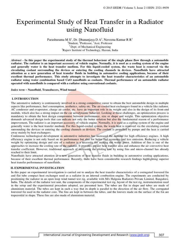 Experimental Study of Heat Transfer in A Radiator Using Nanofluid | PDF ...