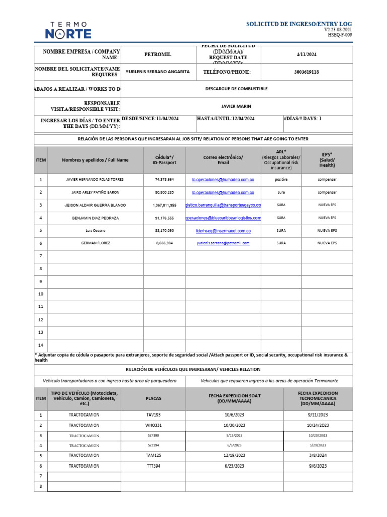 HSEQ - F-009 Formato Ingreso A La Planta Entry Log-TERMONORTE o ...