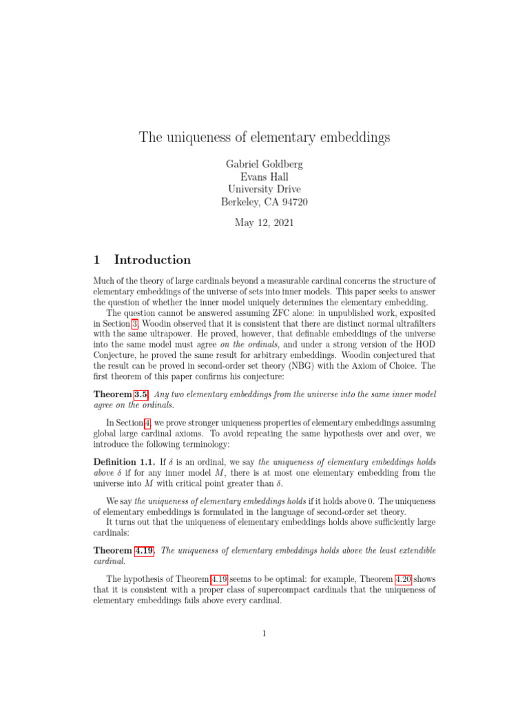 Uniqueness of Elementary Embeddings | PDF | Theorem | Mathematical Concepts