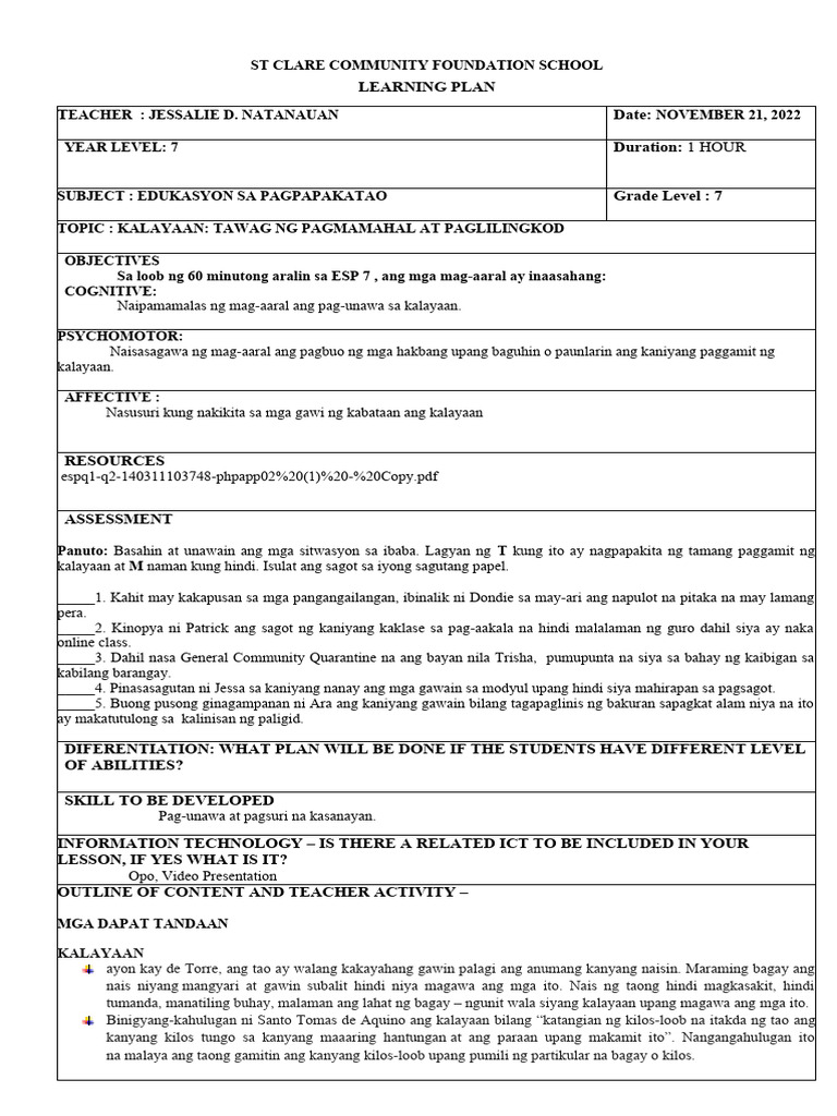 SLP in EsP 7-Lesson No.13 | PDF