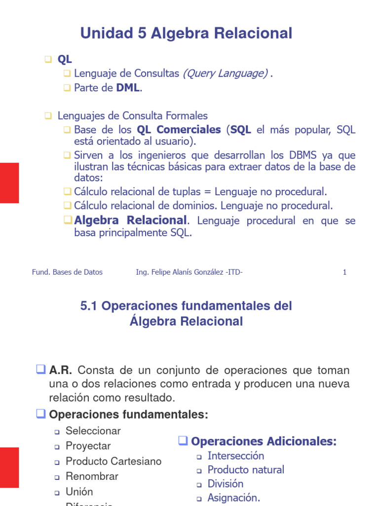 Unidad 5 Algebra Relacional | PDF | Base de datos relacional | SQL
