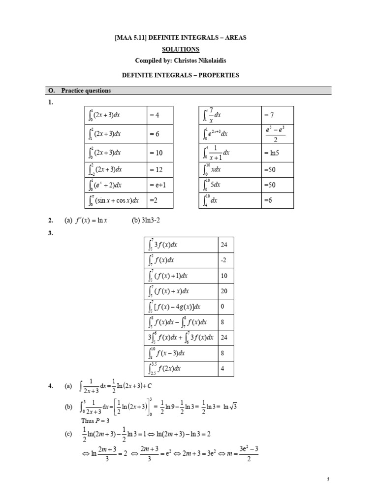 (Maa 5.11) Definite Integrals - Areas - Solutions | PDF | Area | Differential Geometry