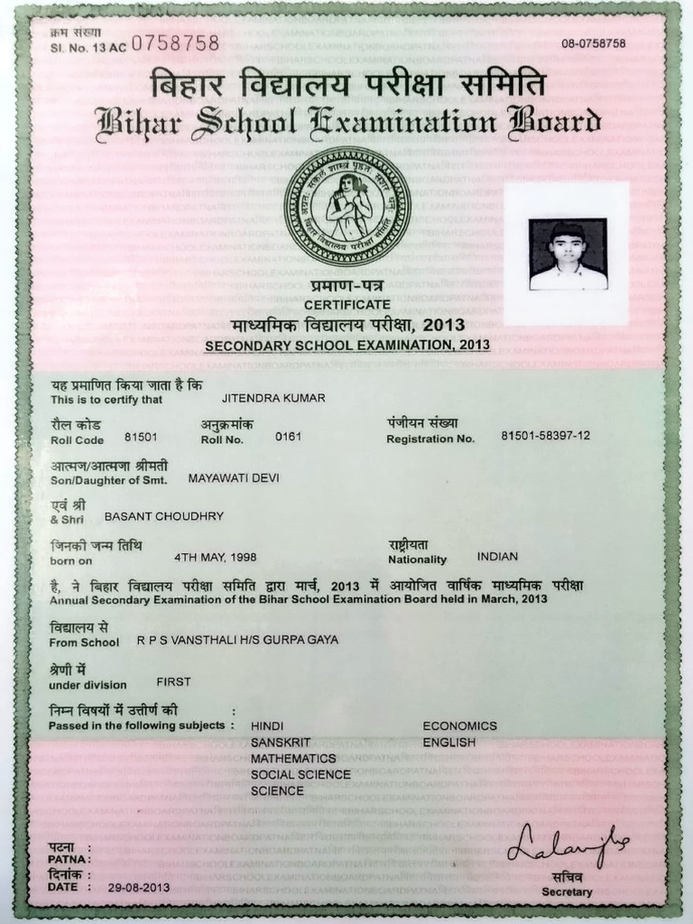 Bihar Secondary School Certificate 2013 | PDF