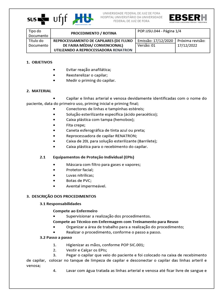 Reuso de Capilares na Hemodiálise | PDF | Hemodiálise | Especialidades ...