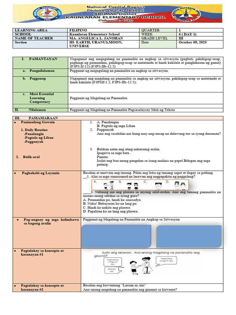 Fil Q1-Wk6-Day 1-5 | PDF