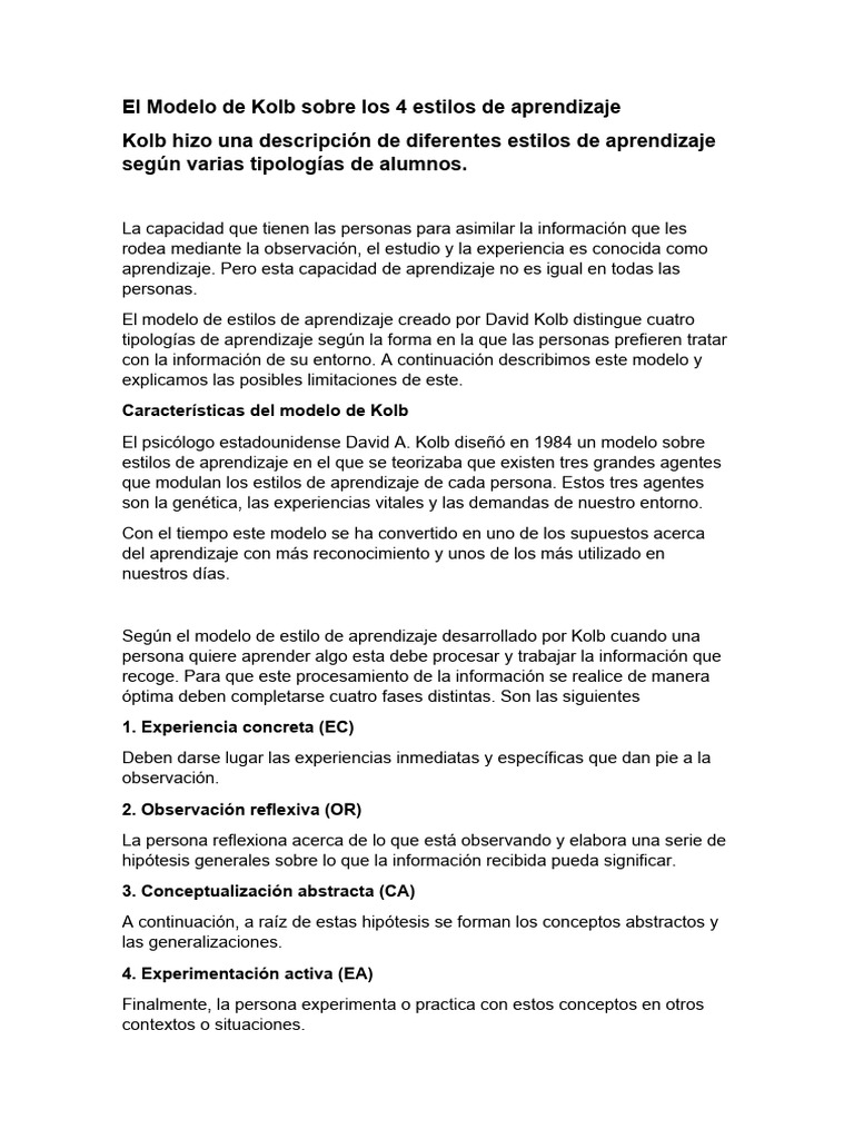 El Modelo de Kolb Sobre Los 4 Estilos de Aprendizaje | PDF | Aprendizaje | Aprendiendo estilos